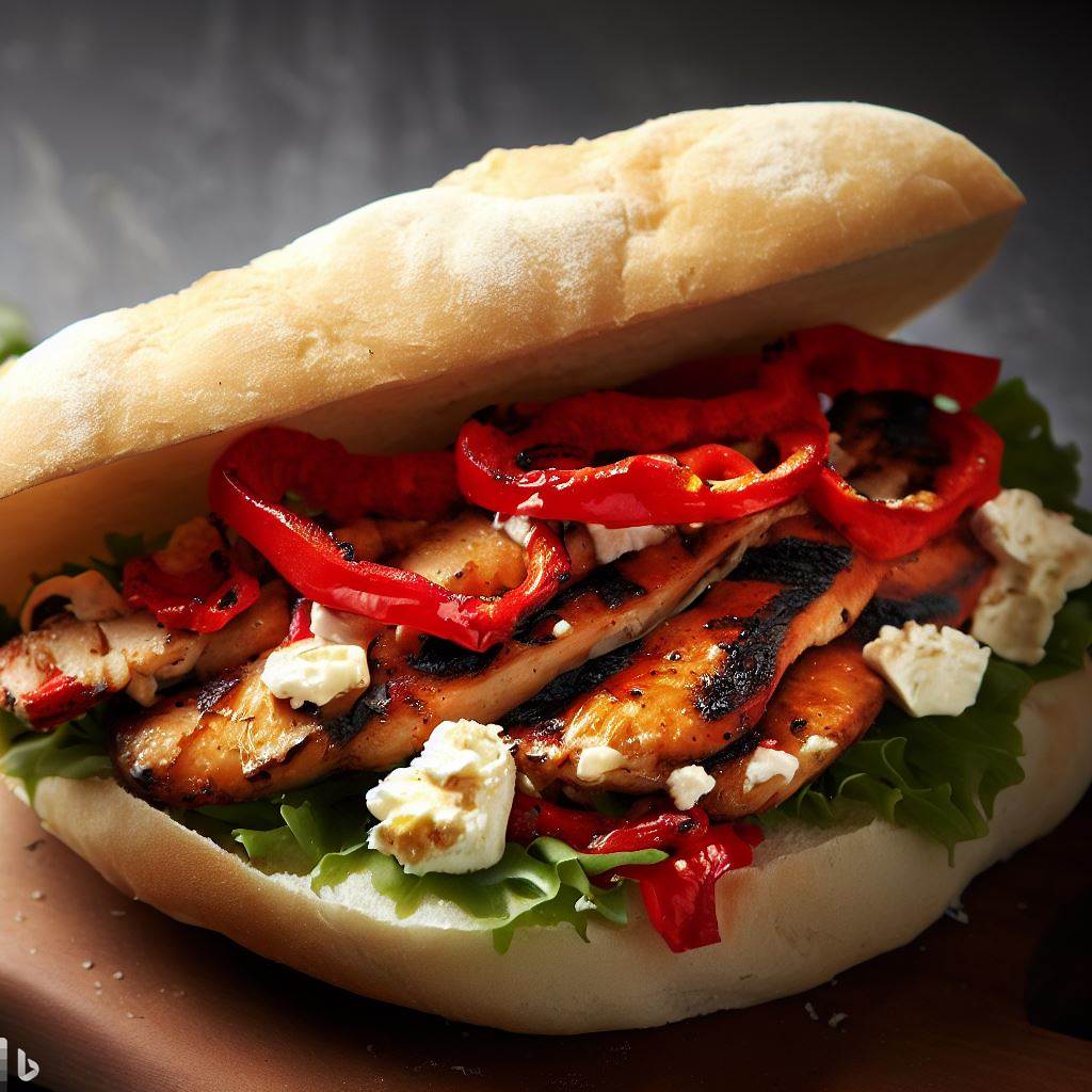 Grilled Chicken with Roasted Red Pepper and Feta on a Ciabatta Roll