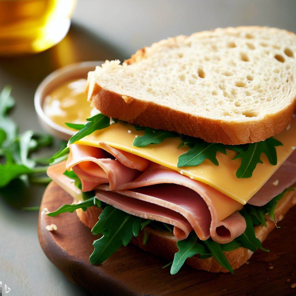 Ham and Swiss Sandwich with Honey Mustard and Arugula
