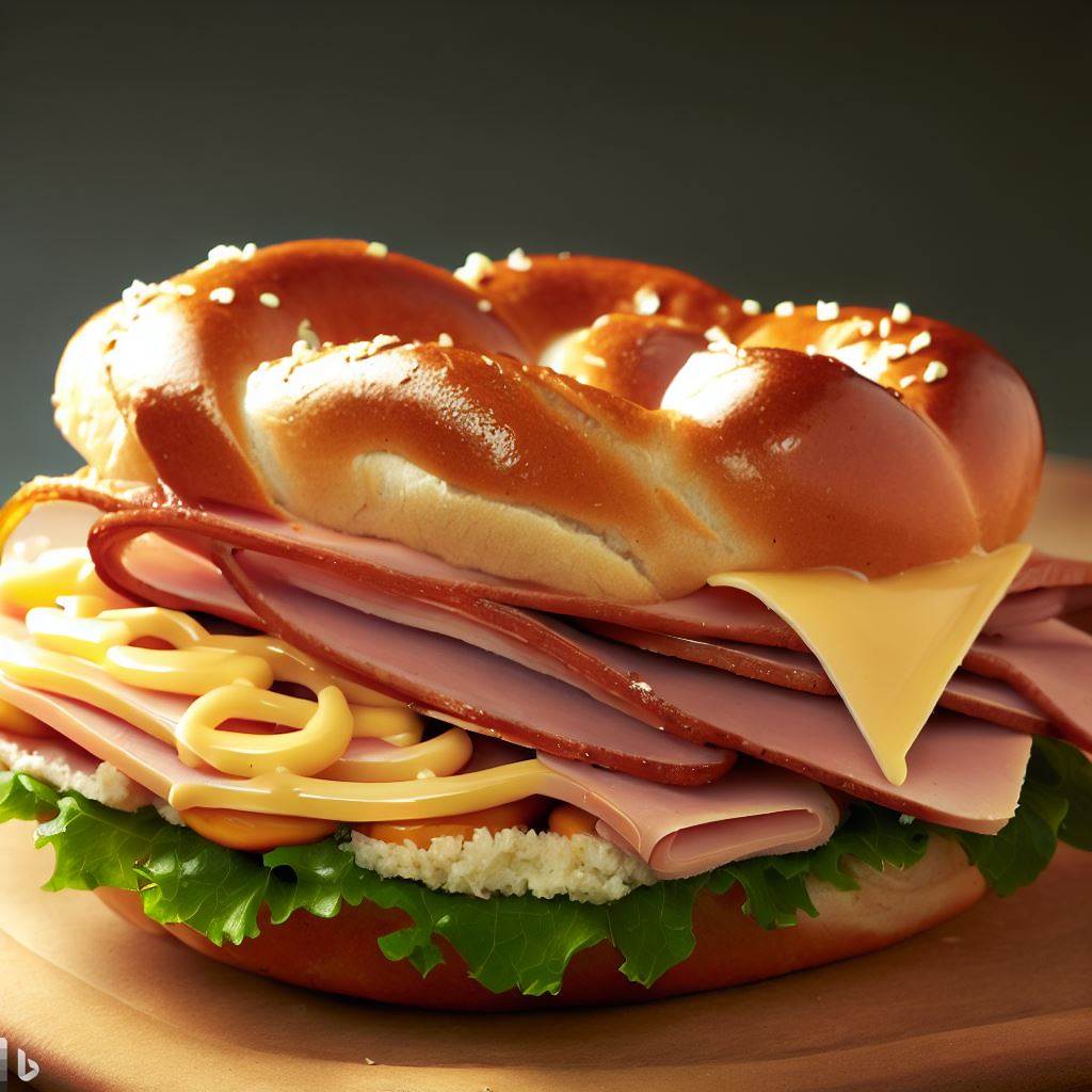 Ham and Swiss Sandwich with Honey Mustard on a Pretzel Roll