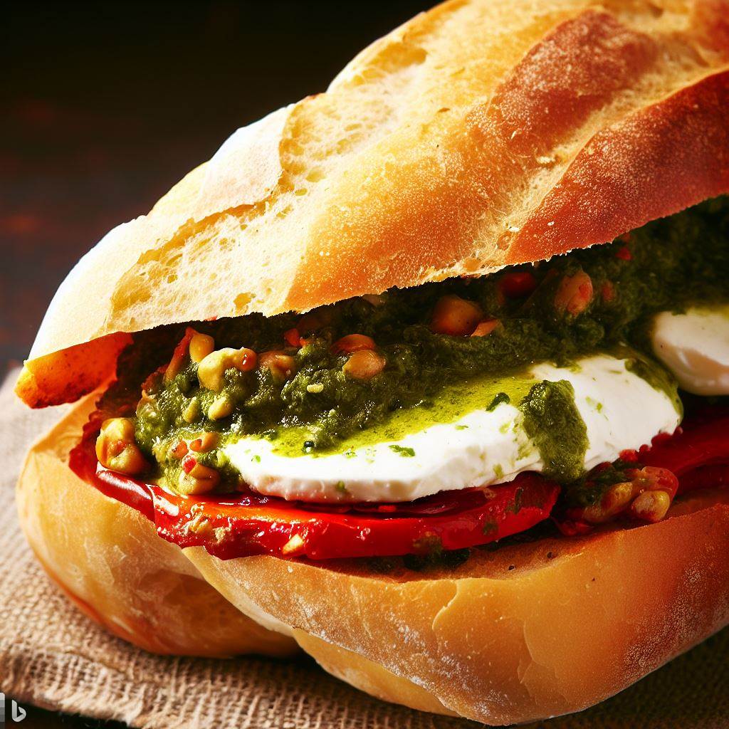 Pesto and Roasted Red Pepper Ciabatta Sandwich with Fresh Mozzarella
