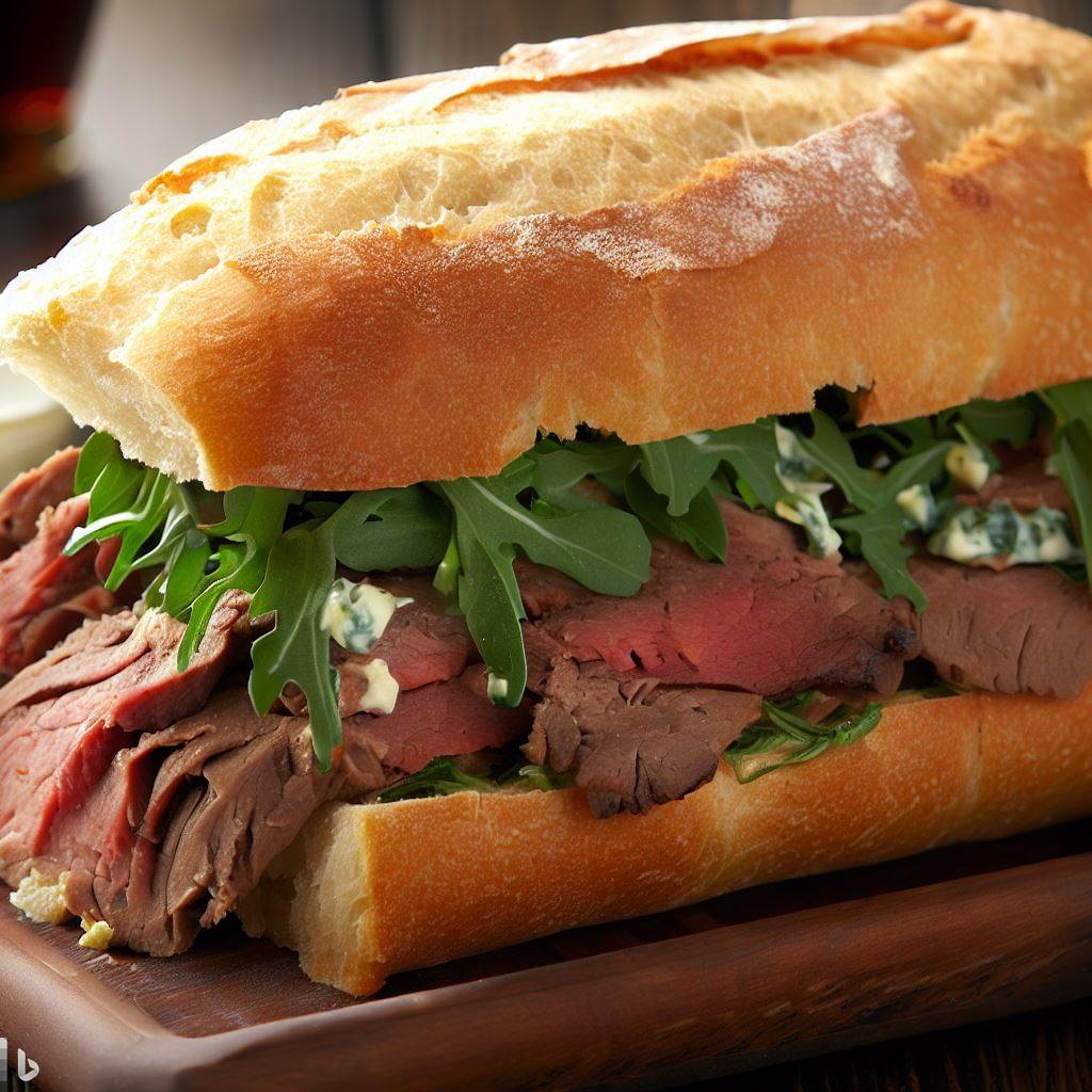 Roast Beef and Blue Cheese Ciabatta Sandwich with Arugula