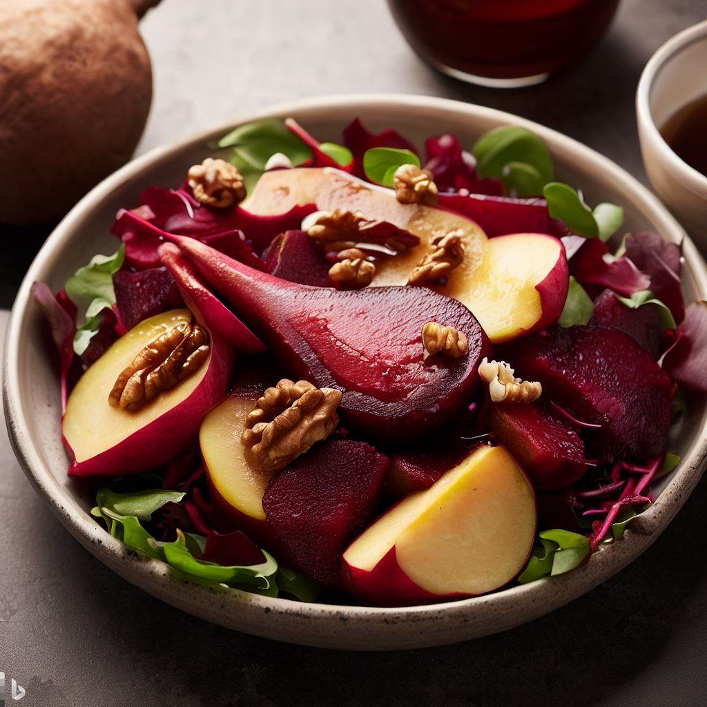 Roasted Beet and Pear and Walnut Salad with Honey Mustard Dressing