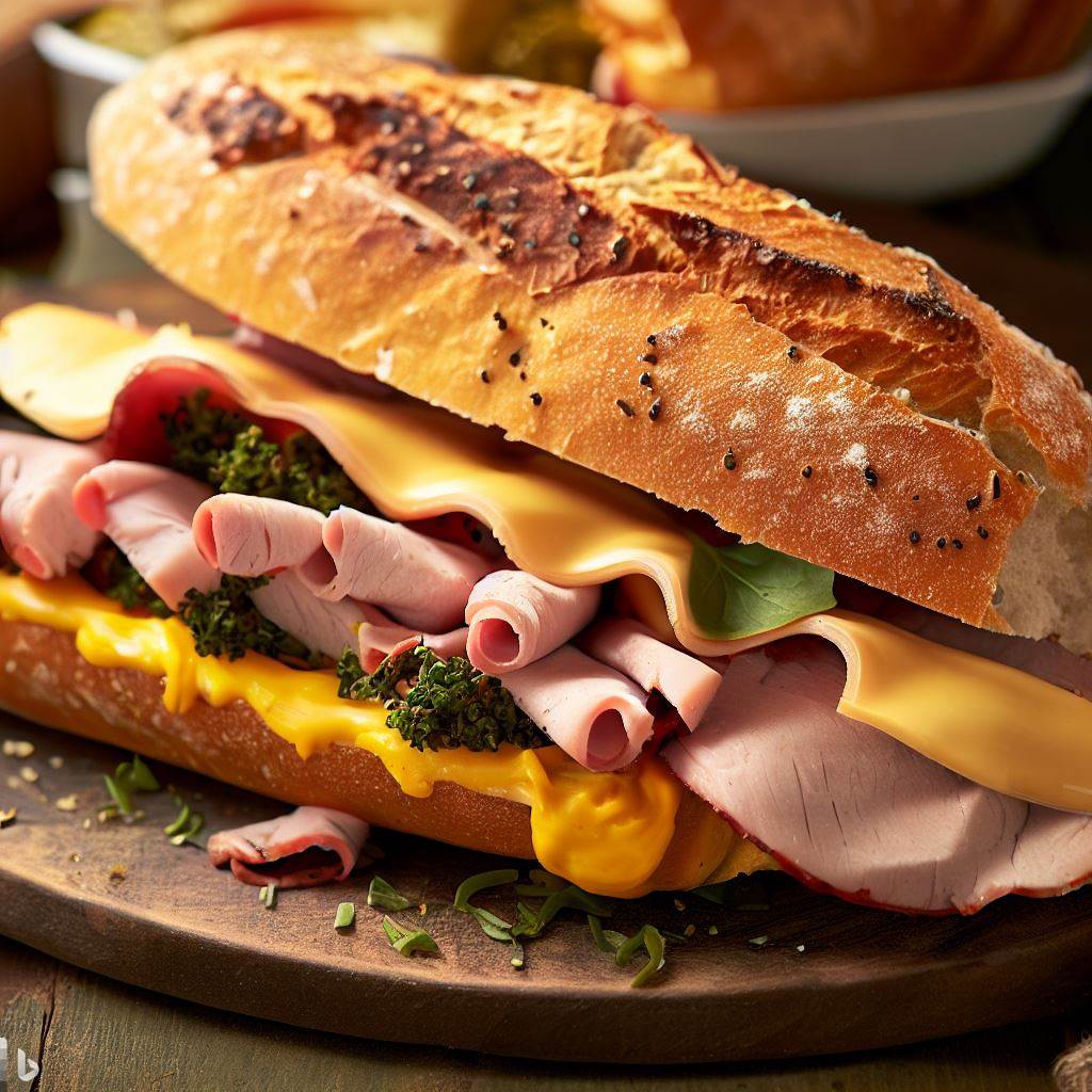 Roasted Pork and Ham with Swiss and Mustard on a Baguette