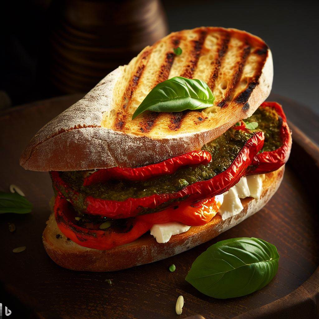 Roasted Red Pepper and Goat Cheese Sandwich with Pesto