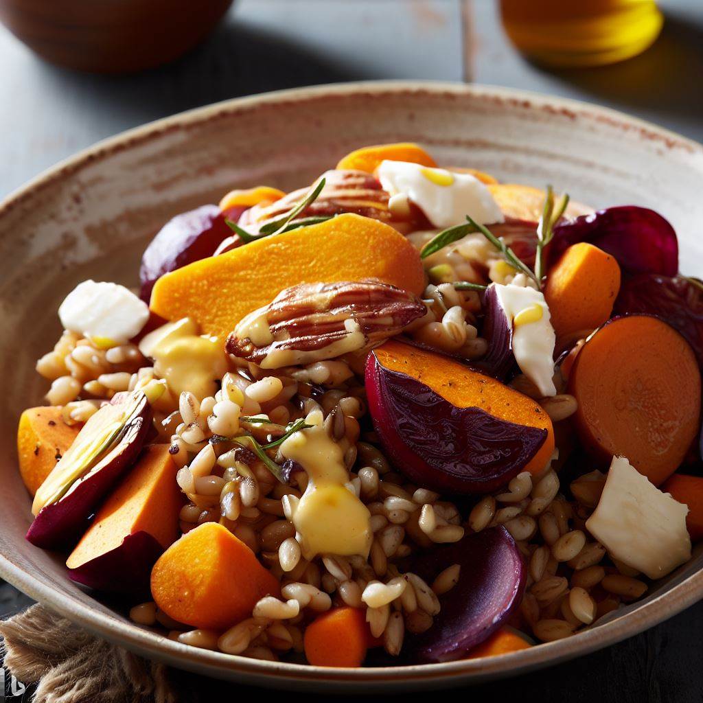 Roasted Root Vegetable and Barley Salad with Honey Mustard Dressing