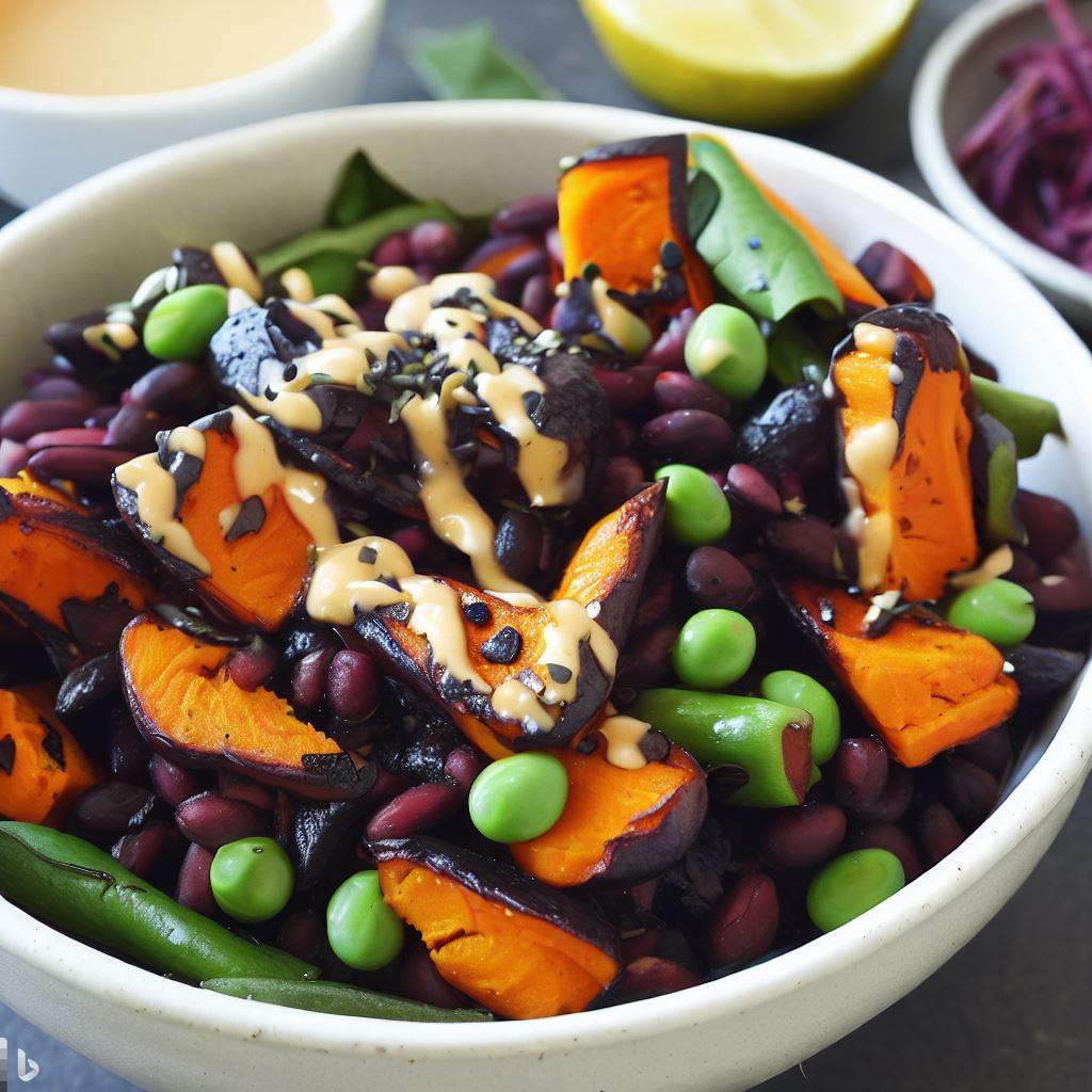 Roasted Sweet Potato and Black Rice and Edamame Salad with Miso Dressing