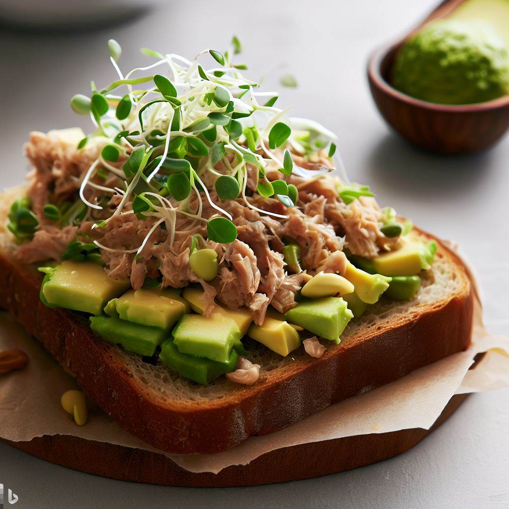 Tuna Salad with Avocado and Sprouts on Whole Wheat Bread