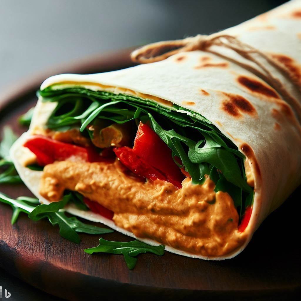 Veggie Wrap with Hummus, Roasted Red Pepper, and Arugula