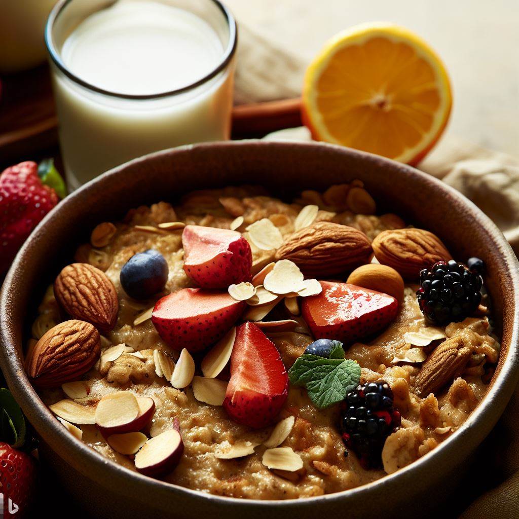 Baked Oatmeal with Almond Milk, Cinnamon, and Fresh Fruit