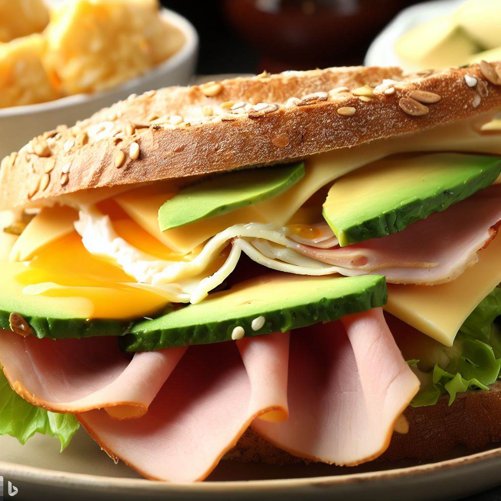 Ham and Egg Breakfast Sandwich with Cheese and Avocado